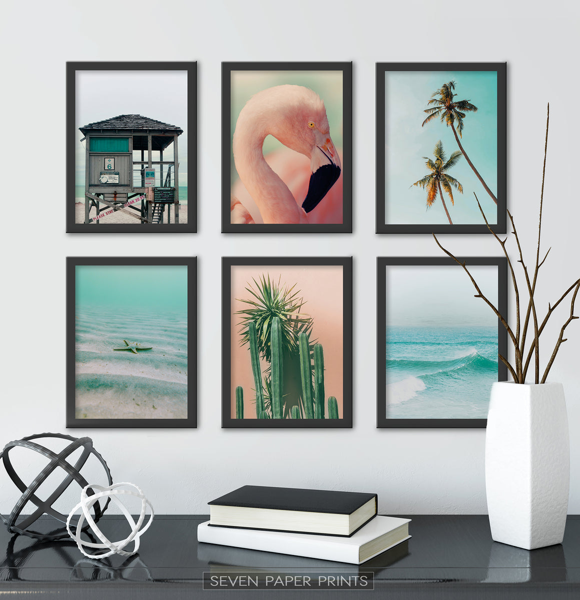 Set of 6 Framed Photo Prints In Azure Colors, w/Baywatch Tower, Beach ...